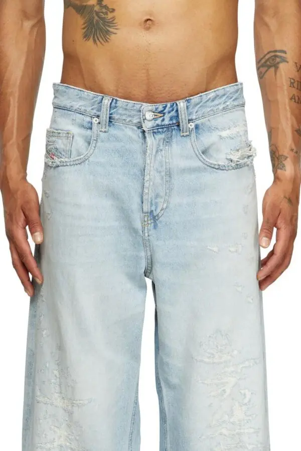 DIESEL® Distressed Cotton Relaxed Fit Wide Leg Jeans - Gray