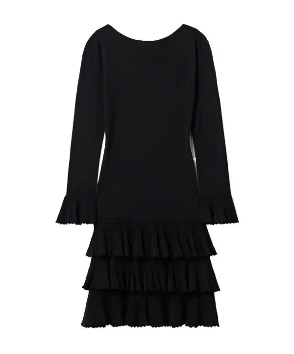 DÔEN Amelina Tiered Ruffled Merino Wool Mini Dress - Black