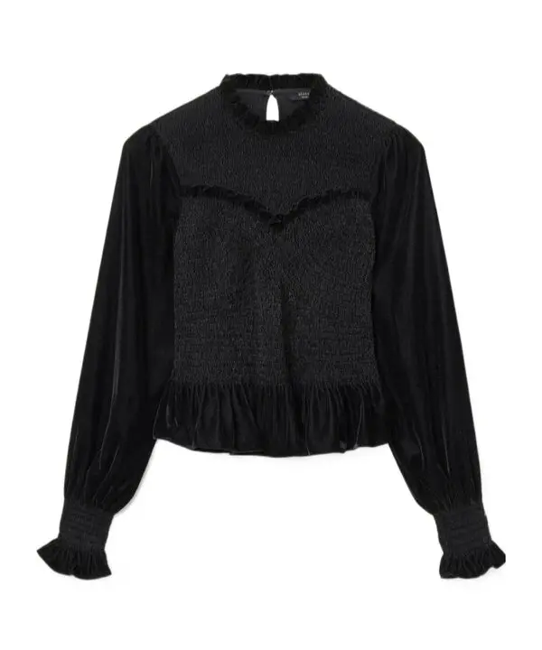 ALLSAINTS Juno Shirred Top With Ruffle Details And Elasticated Cuffs - Velvet Black