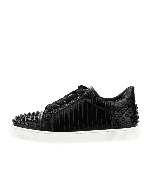 CHRISTIAN LOUBOUTIN Leather Studded Round Toe Lace-up Sneakers - Black