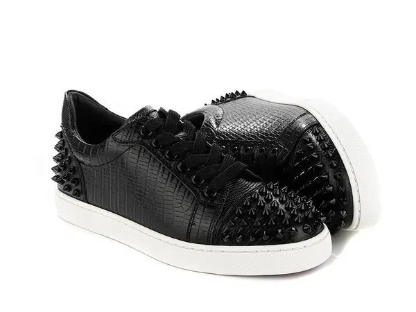 CHRISTIAN LOUBOUTIN Leather Studded Round Toe Lace-up Sneakers