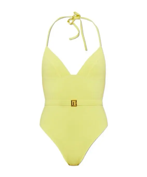 Balmain V-neck One-piece Swimsuit With Tie Back And Belted Waist - Yellow