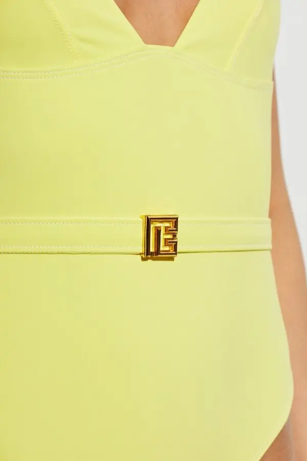 Balmain V-neck One-piece Swimsuit With Tie Back And Belted Waist - Yellow