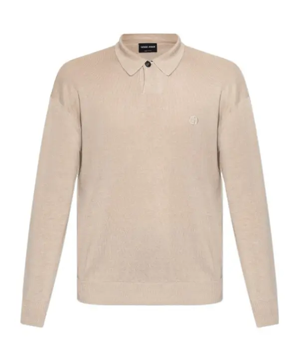 Giorgio Armani Long Sleeved Logo Embroidered Polo Shirt - Nude