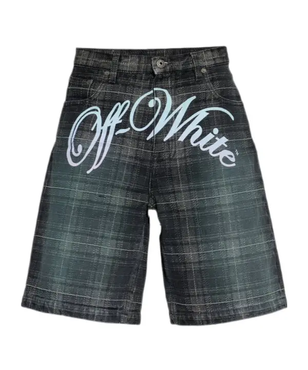 Off-White Plaid Logo Print Denim Shorts