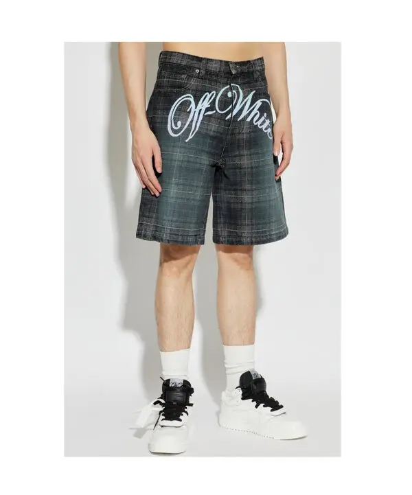 Off-White Plaid Logo Print Denim Shorts