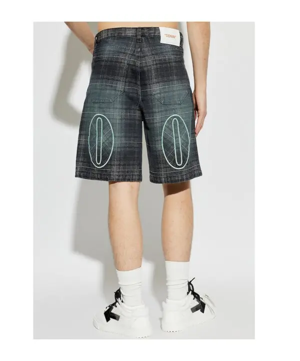 Off-White Plaid Logo Print Denim Shorts