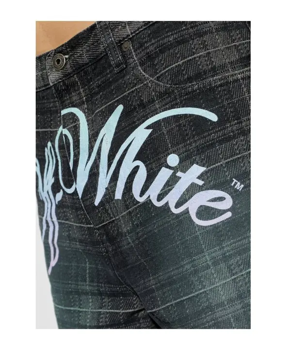 Off-White Plaid Logo Print Denim Shorts