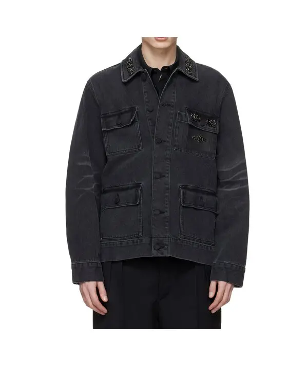 Simone Rocha Distressed Denim Jacket With Crystal Embellishments - Black