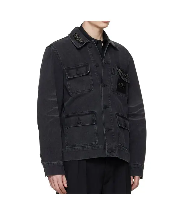 Simone Rocha Distressed Denim Jacket With Crystal Embellishments - Black