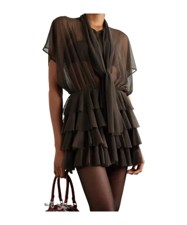 Norma Kamali Short-sleeve Ruffled Neck Tie Dress