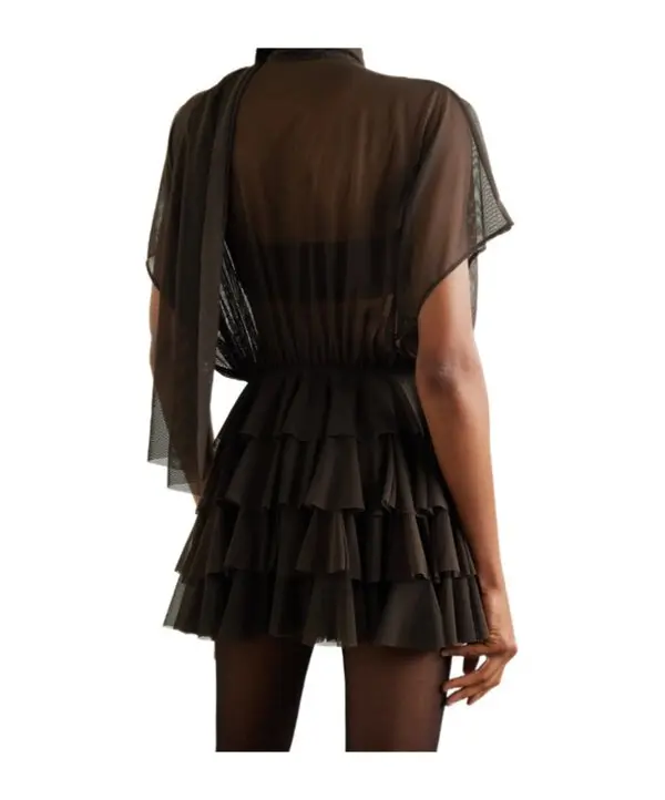 Norma Kamali Short-sleeve Ruffled Neck Tie Dress