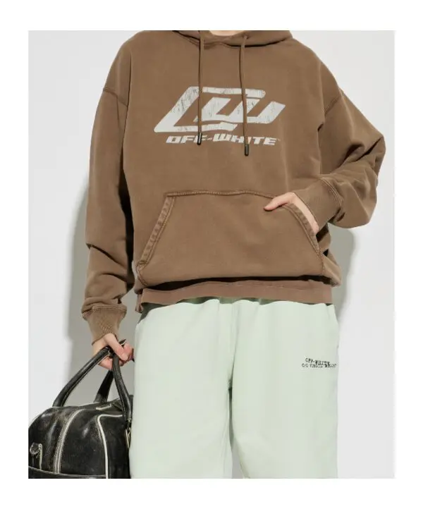 Off-White Logo Print Drawstring Hoodie - Brown