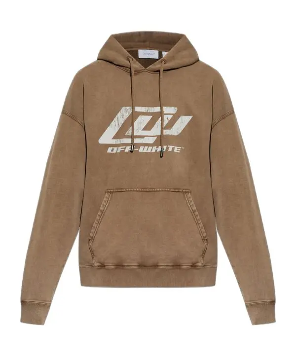 Off-White Logo Print Drawstring Hoodie - Brown