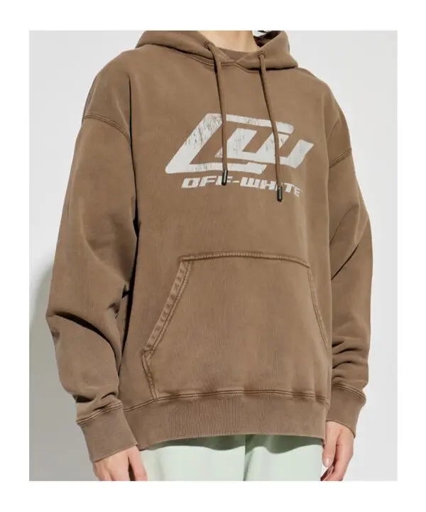 Off-White Logo Print Drawstring Hoodie - Brown