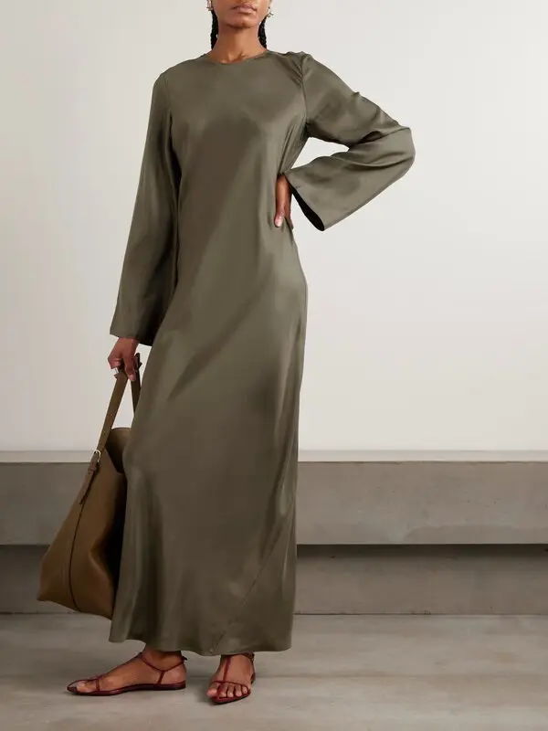 RÓHE Round Neck Long Silk Twill Dress - Brown