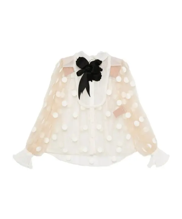Valentino Garavani Polka Dot Sheer Long Sleeve Shirt With Bow Detail - White