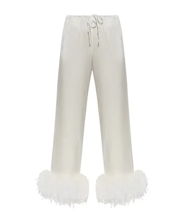 Oseree Feather-trim Wide-leg Trousers - Pearl