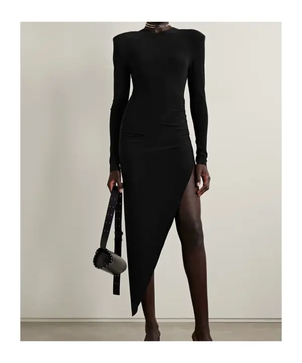 round neck asymmetric dress Beulah Styles Round Neck Asymmetric Folds Knee Length Dress - Black - Size M main image 0