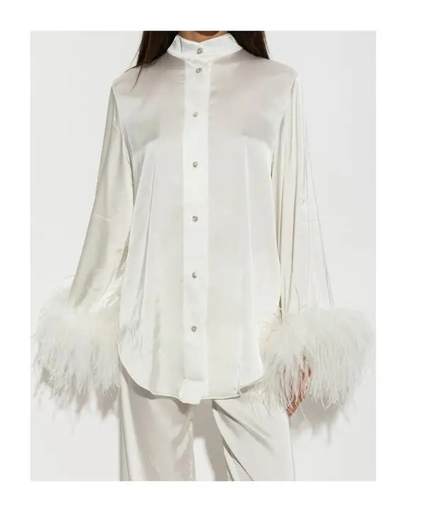 Oseree Feather-trimmed Band Collar Shirt