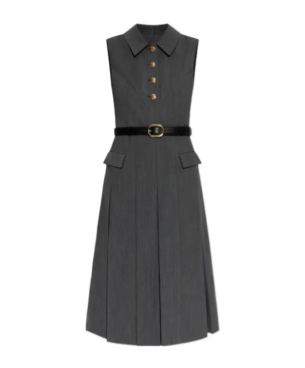 SELF-PORTRAIT Sleeveless Belted Dress With Gold Embossed Buttons