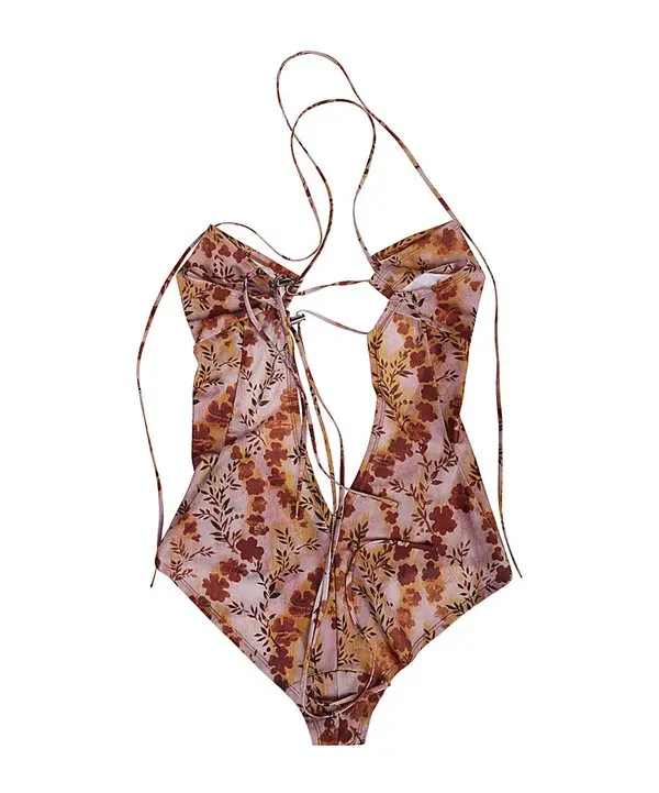 KNWLS Halter Neck One-piece Swimsuit With Cutout And Floral Print - Brown