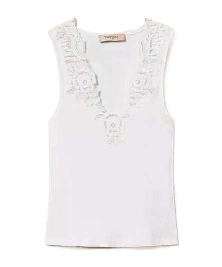 TWINSET Ribbed V-neck Lace Trimmed Tank Top