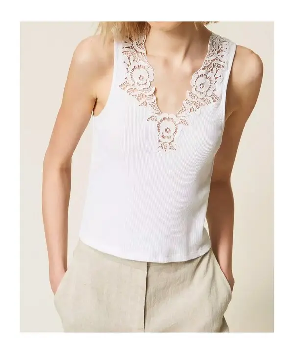 TWINSET Ribbed V-neck Lace Trimmed Tank Top