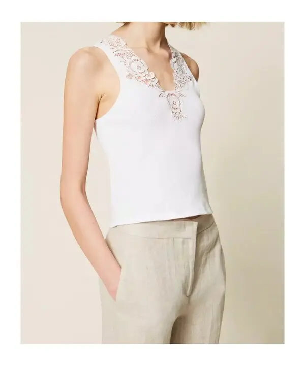 TWINSET Ribbed V-neck Lace Trimmed Tank Top