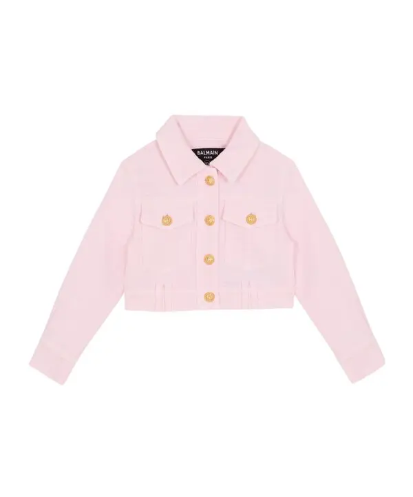 Balmain Cropped Denim Jacket With Gold Buttons - Pink