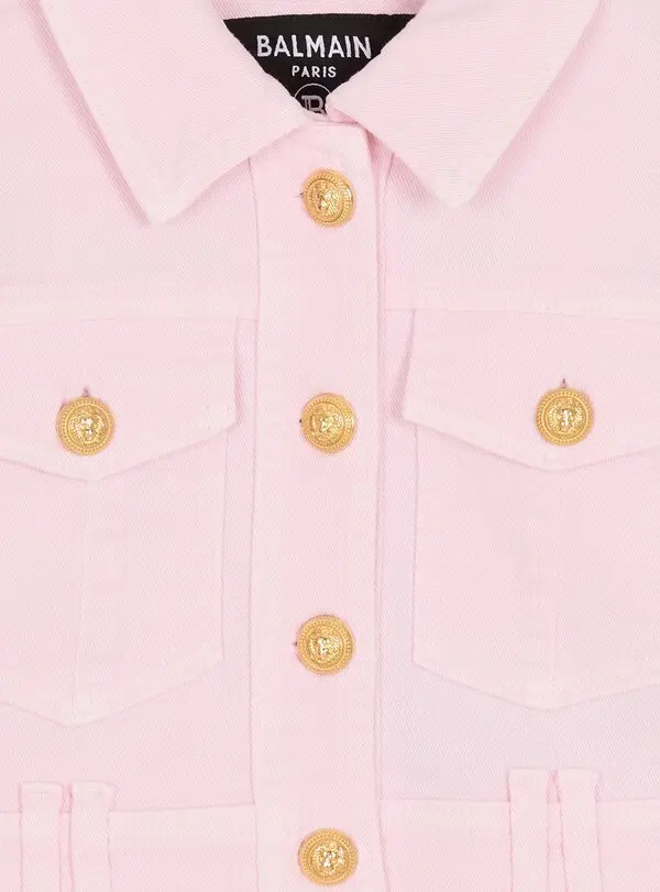 Balmain Cropped Denim Jacket With Gold Buttons - Pink