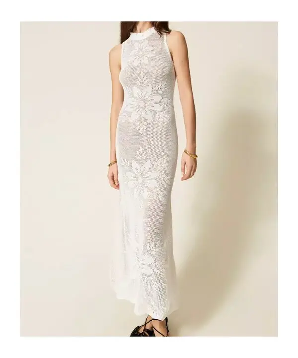 TWINSET Floral Openwork Knitted Maxi Dress - White