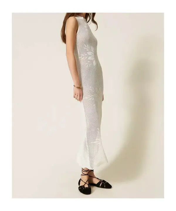 TWINSET Floral Openwork Knitted Maxi Dress - White