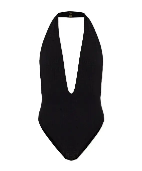 Balmain Monogram Jacquard Halterneck Swimsuit - Black