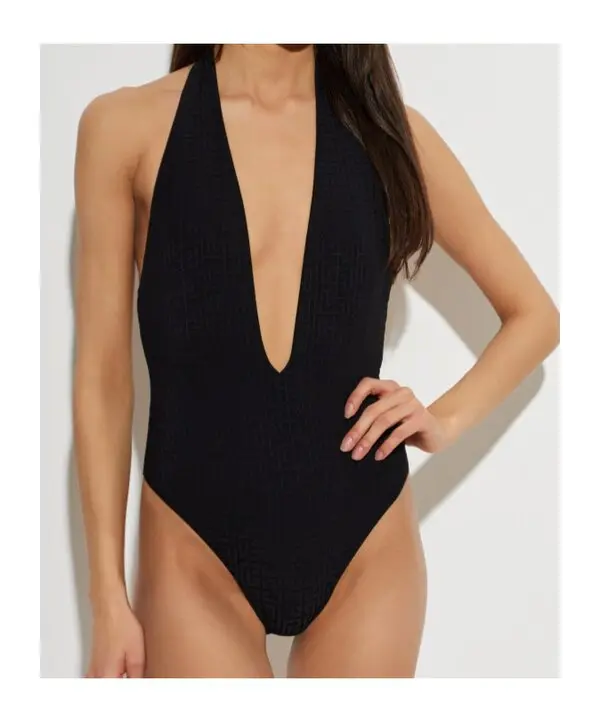 Balmain Monogram Jacquard Halterneck Swimsuit - Black