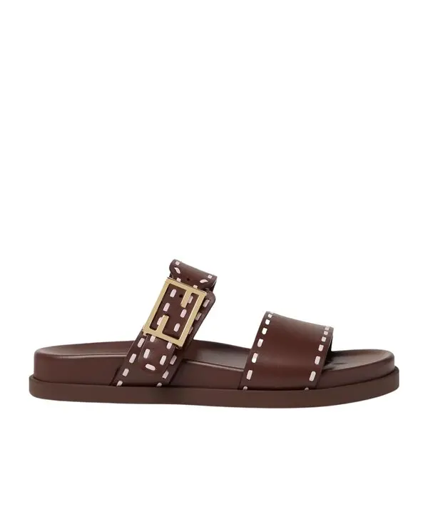 Fendi Ff Baguette Detail Flat Leather Slides - Brown
