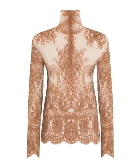 Dolce & Gabbana Chantilly Lace High Neck Blouse - Beige