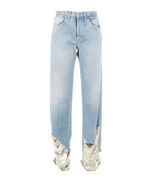 DONDUP Straight Leg Distressed Jeans With Frayed Hem - Light Blue