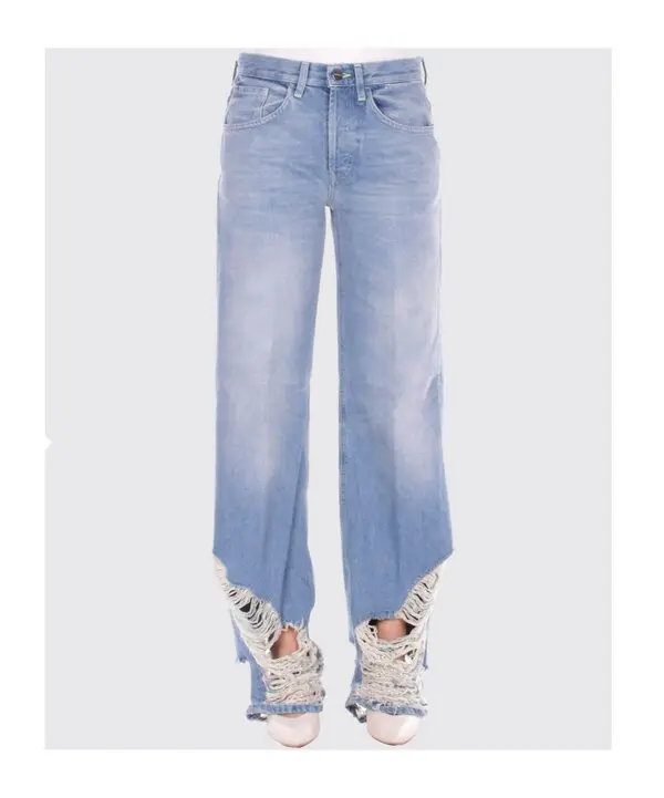 DONDUP Straight Leg Distressed Jeans With Frayed Hem - Light Blue