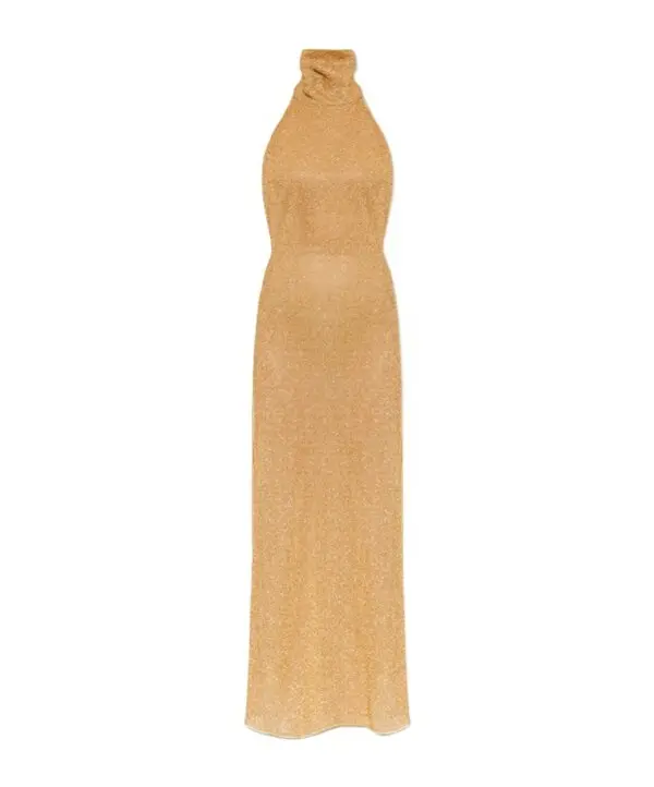 Oseree Halterneck Cut-out Lurex Maxi Dress - Nude