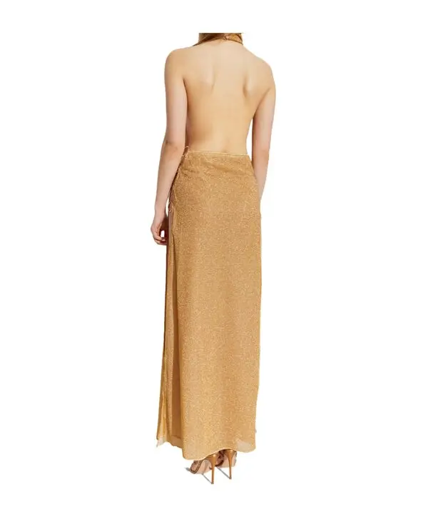 Oseree Halterneck Cut-out Lurex Maxi Dress - Nude
