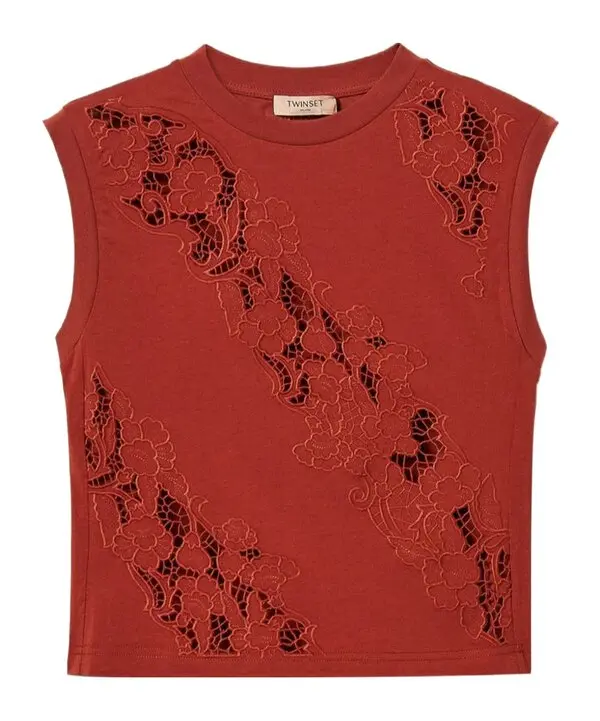 TWINSET Embroidered Lace Trim Sleeveless Top - Red