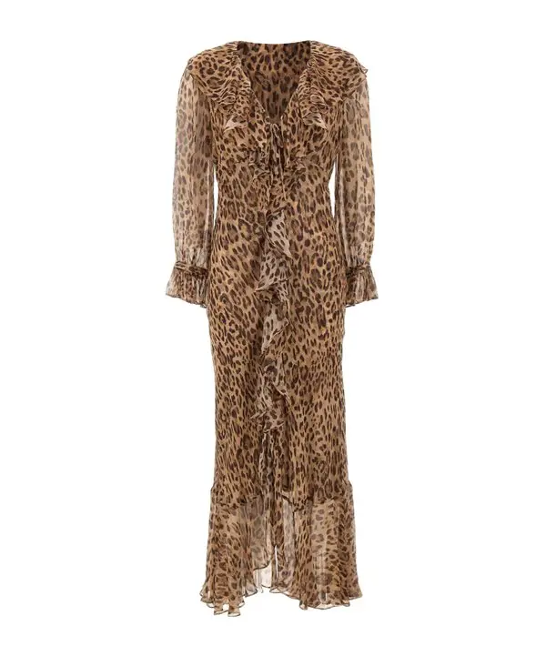 Rixo Animal Print V-neck Long Sleeve Maxi Dress - Brown