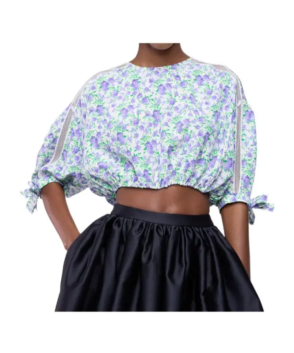 Rabanne Floral Puff Sleeve Crop Top