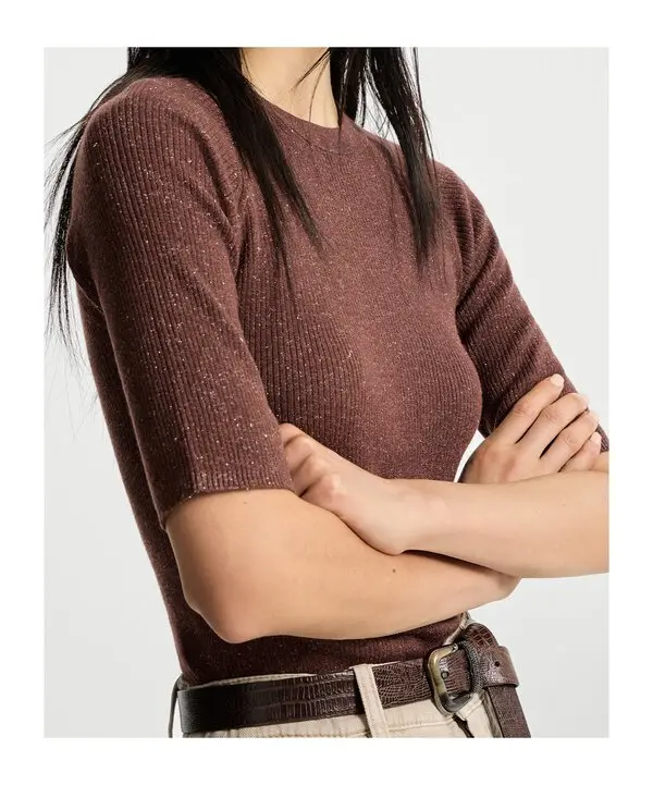 Brunello Cucinelli Ribbed Knit Top With Metallic Accents - Red