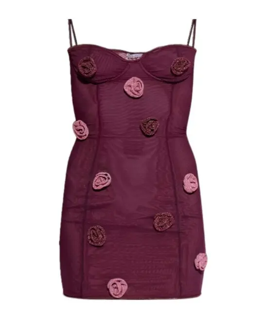 Oseree Rose Embellished Mesh Dress