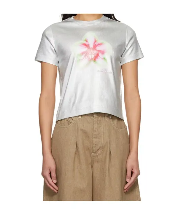 Casablanca Short Sleeve T-shirt With Floral Motif - Silver