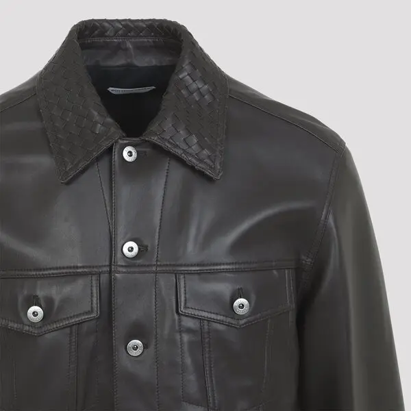 Bottega Veneta Leather Jacket With Intrecciato Detailing - Dark Kalubo