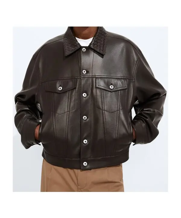 Bottega Veneta Leather Jacket With Intrecciato Detailing - Dark Kalubo
