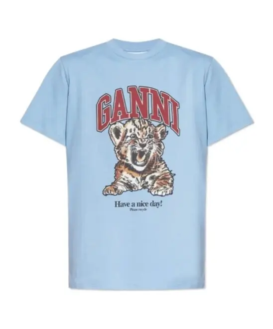 GANNI Short-sleeved Crewneck T-shirt With Logo Detail - Blue